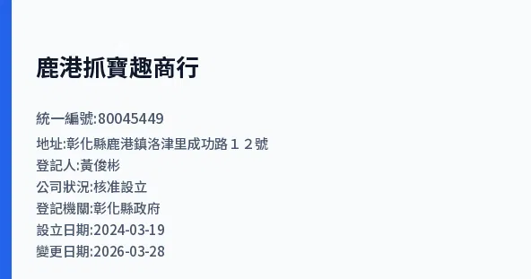 鹿港抓寶趣商行的照片-統編 80045449(彰化縣) 公司登記資料與營業項目詳細圖表