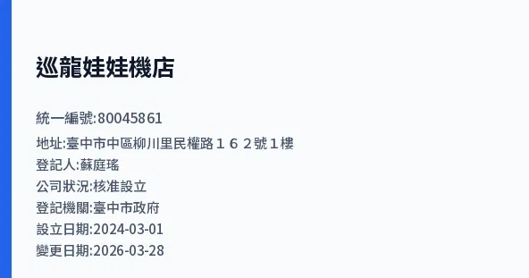 巡龍娃娃機店的照片-統編 80045861(臺中市) 公司登記資料與營業項目詳細圖表