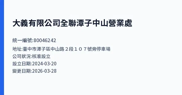大義有限公司全聯潭子中山營業處的照片-統編 80046242(臺中市) 公司登記資料與營業項目詳細圖表