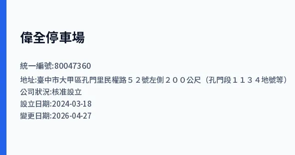 偉全停車場的照片-統編 80047360(臺中市) 公司登記資料與營業項目詳細圖表