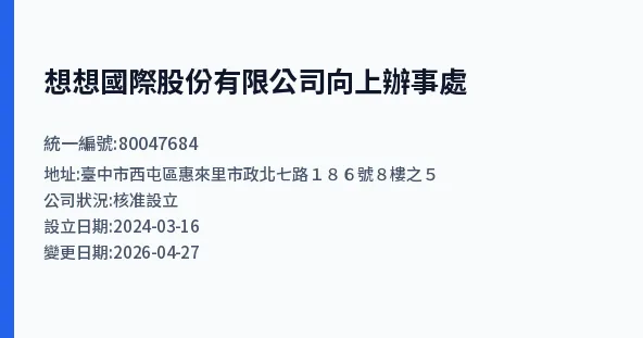 想想國際股份有限公司向上辦事處的照片-統編 80047684(臺中市) 公司登記資料與營業項目詳細圖表