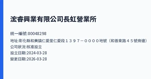 浤睿興業有限公司長虹營業所的照片-統編 80048298(彰化縣) 公司登記資料與營業項目詳細圖表