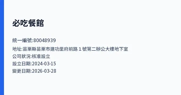 必吃餐館的照片-統編 80048939(苗栗縣) 公司登記資料與營業項目詳細圖表
