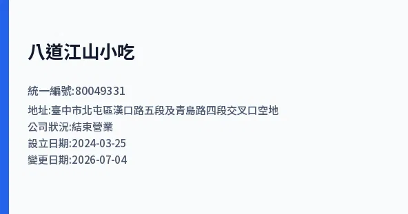 八道江山小吃的照片-統編 80049331(臺中市) 公司登記資料與營業項目詳細圖表