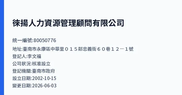 徠揚人力資源管理顧問有限公司的照片-統編 80050776(臺南市) 公司登記資料與營業項目詳細圖表