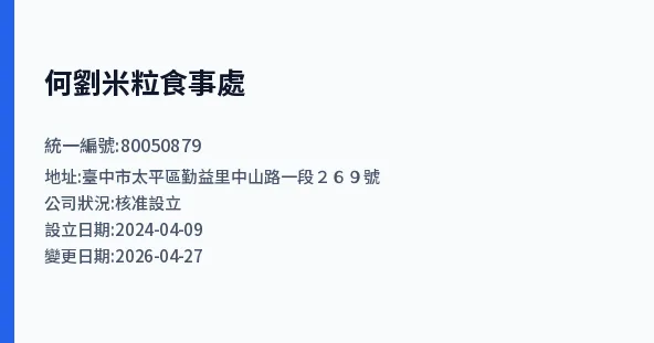 何劉米粒食事處的照片-統編 80050879(臺中市) 公司登記資料與營業項目詳細圖表