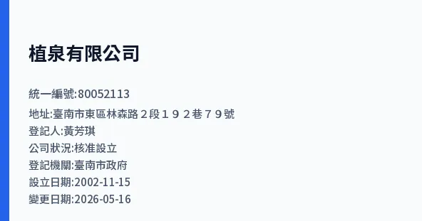植泉有限公司的照片-統編 80052113(臺南市) 公司登記資料與營業項目詳細圖表