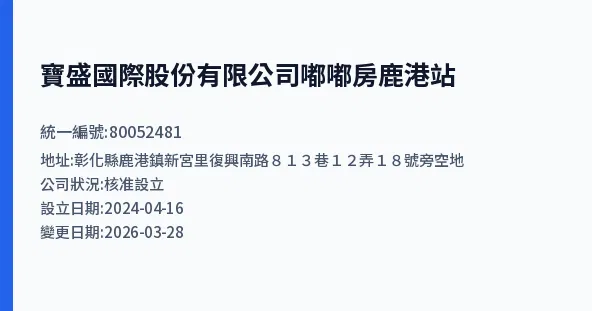 寶盛國際股份有限公司嘟嘟房鹿港站的照片-統編 80052481(彰化縣) 公司登記資料與營業項目詳細圖表