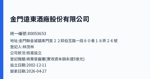金門遠東酒廠股份有限公司的照片-統編 80053653(金門縣) 公司登記資料與營業項目詳細圖表