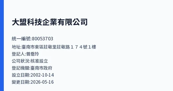 大盟科技企業有限公司的照片-統編 80053703(臺南市) 公司登記資料與營業項目詳細圖表