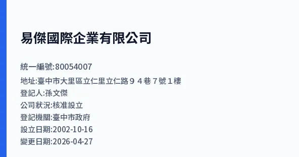 易傑國際企業有限公司的照片-統編 80054007(臺中市) 公司登記資料與營業項目詳細圖表