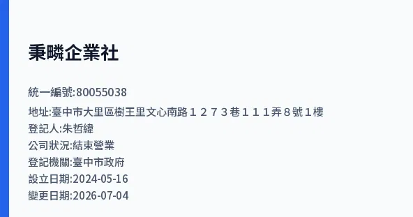 秉疄企業社的照片-統編 80055038(臺中市) 公司登記資料與營業項目詳細圖表