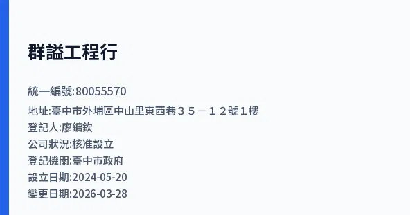 群謚工程行的照片-統編 80055570(臺中市) 公司登記資料與營業項目詳細圖表
