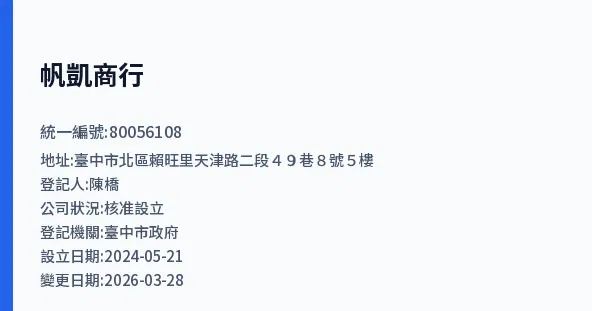 帆凱商行的照片-統編 80056108(臺中市) 公司登記資料與營業項目詳細圖表