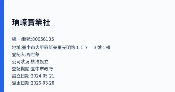 珦㠙實業社的照片-統編 80056135(臺中市) 公司登記資料與營業項目詳細圖表