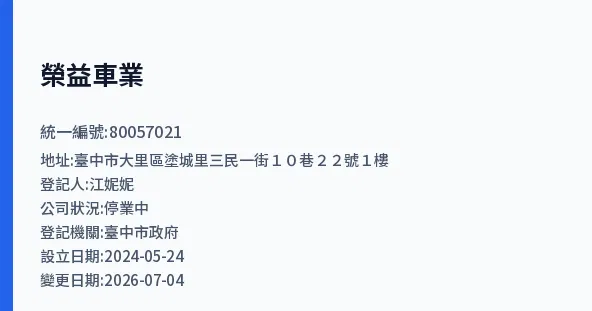 榮益車業的照片-統編 80057021(臺中市) 公司登記資料與營業項目詳細圖表
