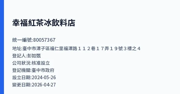 幸福紅茶冰飲料店的照片-統編 80057367(臺中市) 公司登記資料與營業項目詳細圖表