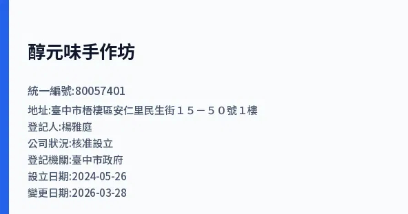 醇元味手作坊的照片-統編 80057401(臺中市) 公司登記資料與營業項目詳細圖表