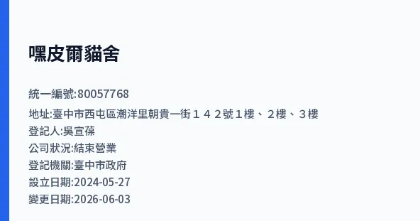 嘿皮爾貓舍的照片-統編 80057768(臺中市) 公司登記資料與營業項目詳細圖表