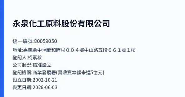永泉化工原料股份有限公司的照片-統編 80059050(嘉義縣) 公司登記資料與營業項目詳細圖表