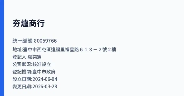 夯爐商行的照片-統編 80059766(臺中市) 公司登記資料與營業項目詳細圖表