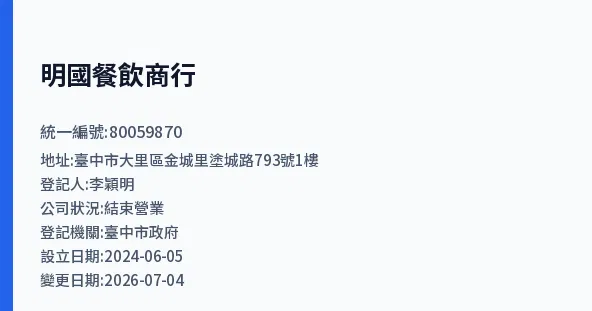 明國餐飲商行的照片-統編 80059870(臺中市) 公司登記資料與營業項目詳細圖表