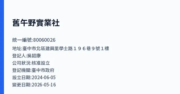 舊午野實業社的照片-統編 80060026(臺中市) 公司登記資料與營業項目詳細圖表