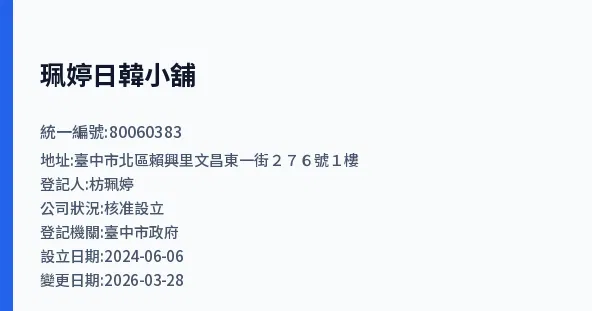 珮婷日韓小舖的照片-統編 80060383(臺中市) 公司登記資料與營業項目詳細圖表