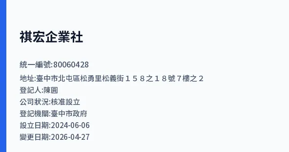 祺宏企業社的照片-統編 80060428(臺中市) 公司登記資料與營業項目詳細圖表