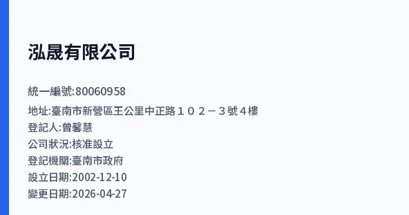 泓晟有限公司的照片-統編 80060958(臺南市) 公司登記資料與營業項目詳細圖表