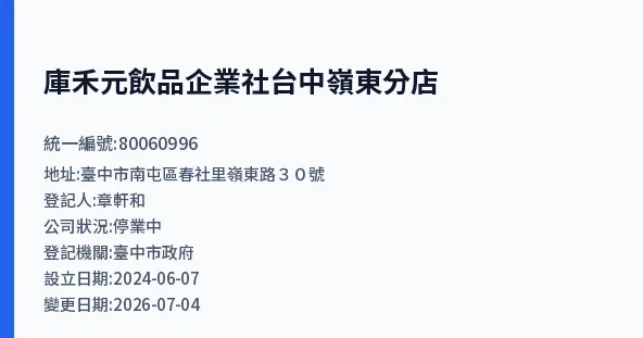 庫禾元飲品企業社台中嶺東分店的照片-統編 80060996(臺中市) 公司登記資料與營業項目詳細圖表