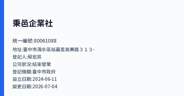 秉邑企業社的照片-統編 80061088(臺中市) 公司登記資料與營業項目詳細圖表
