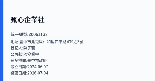 甄心企業社的照片-統編 80061138(臺中市) 公司登記資料與營業項目詳細圖表