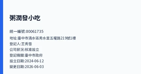 粥潤發小吃的照片-統編 80061735(臺中市) 公司登記資料與營業項目詳細圖表