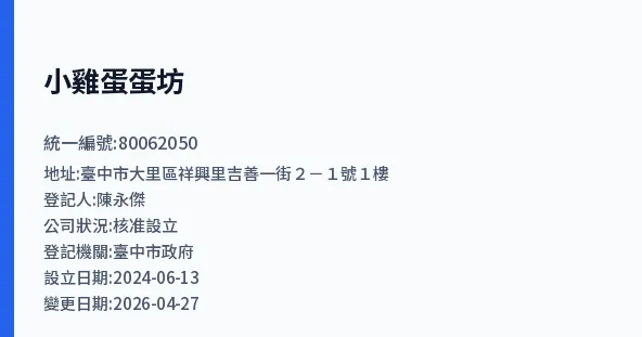 小雞蛋蛋坊的照片-統編 80062050(臺中市) 公司登記資料與營業項目詳細圖表