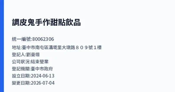 調皮鬼手作甜點飲品的照片-統編 80062306(臺中市) 公司登記資料與營業項目詳細圖表