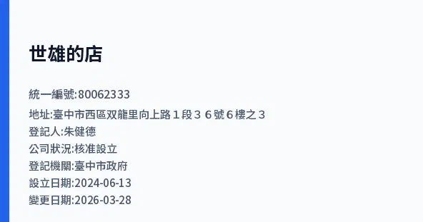 世雄的店的照片-統編 80062333(臺中市) 公司登記資料與營業項目詳細圖表