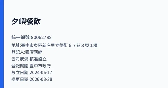夕嶼餐飲的照片-統編 80062798(臺中市) 公司登記資料與營業項目詳細圖表