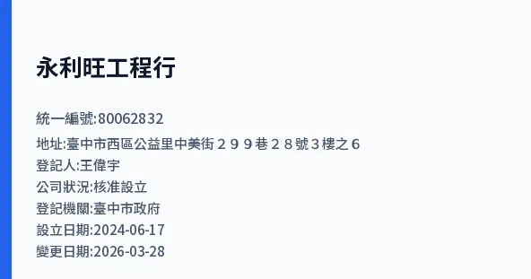 永利旺工程行的照片-統編 80062832(臺中市) 公司登記資料與營業項目詳細圖表