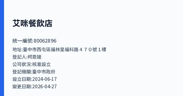 艾咪餐飲店的照片-統編 80062896(臺中市) 公司登記資料與營業項目詳細圖表