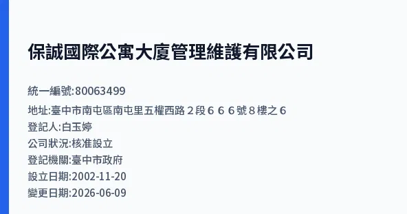 保誠國際公寓大廈管理維護有限公司的照片-統編 80063499(臺中市) 公司登記資料與營業項目詳細圖表