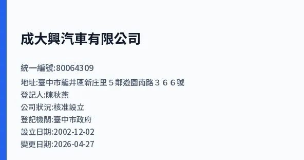成大興汽車有限公司的照片-統編 80064309(臺中市) 公司登記資料與營業項目詳細圖表
