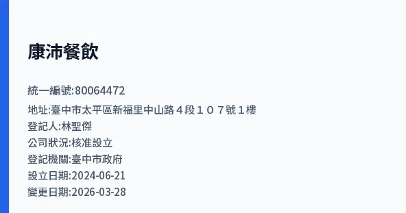康沛餐飲的照片-統編 80064472(臺中市) 公司登記資料與營業項目詳細圖表