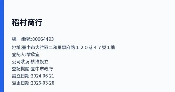 稻村商行的照片-統編 80064493(臺中市) 公司登記資料與營業項目詳細圖表