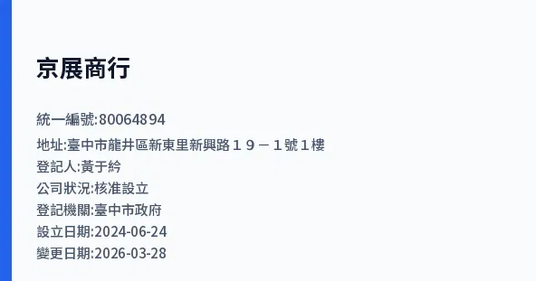 京展商行的照片-統編 80064894(臺中市) 公司登記資料與營業項目詳細圖表