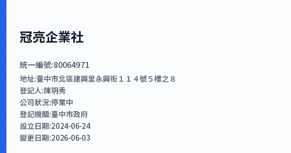冠亮企業社的照片-統編 80064971(臺中市) 公司登記資料與營業項目詳細圖表