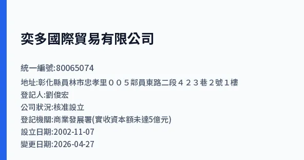 奕多國際貿易有限公司的照片-統編 80065074(彰化縣) 公司登記資料與營業項目詳細圖表