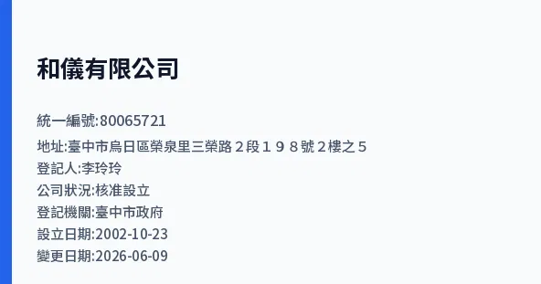 和儀有限公司的照片-統編 80065721(臺中市) 公司登記資料與營業項目詳細圖表