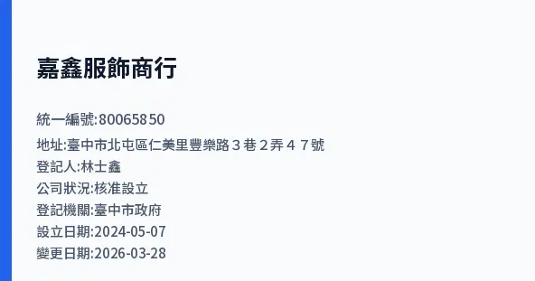 嘉鑫服飾商行的照片-統編 80065850(臺中市) 公司登記資料與營業項目詳細圖表