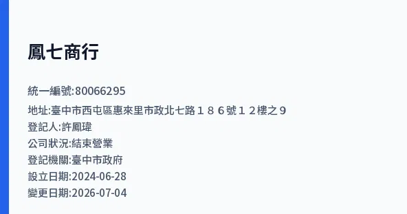 鳳七商行的照片-統編 80066295(臺中市) 公司登記資料與營業項目詳細圖表